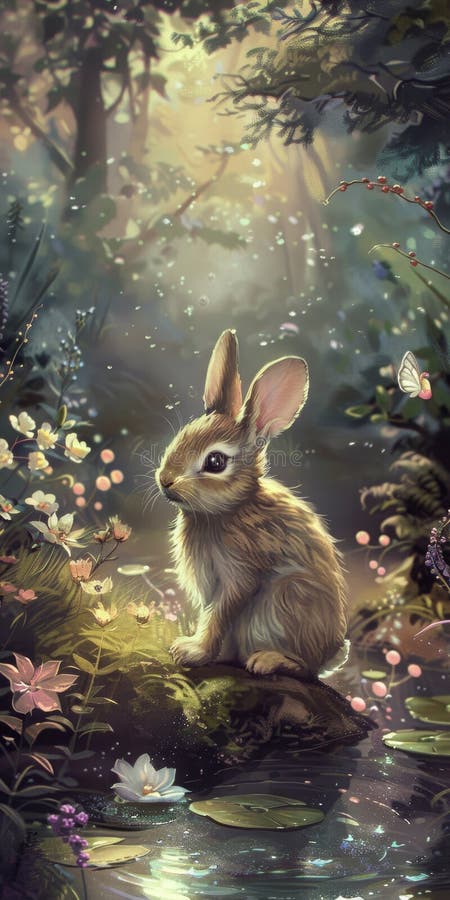 A Rabbit is Sitting on a Rock by a Pond Stock Illustration ...
