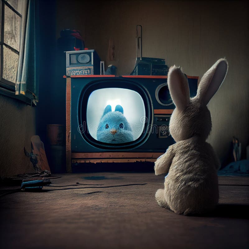 A Rabbit Sitting in a Room Looking at a Television Screen Stock ...