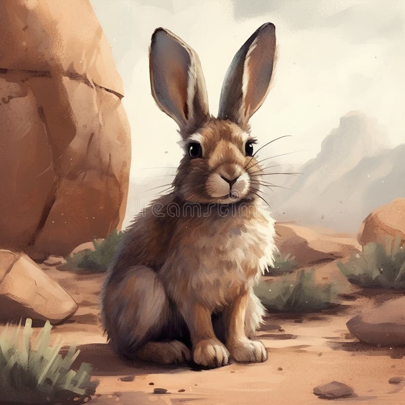 Rabbit Sitting on the Sand in the Desert. Digital Painting Stock ...