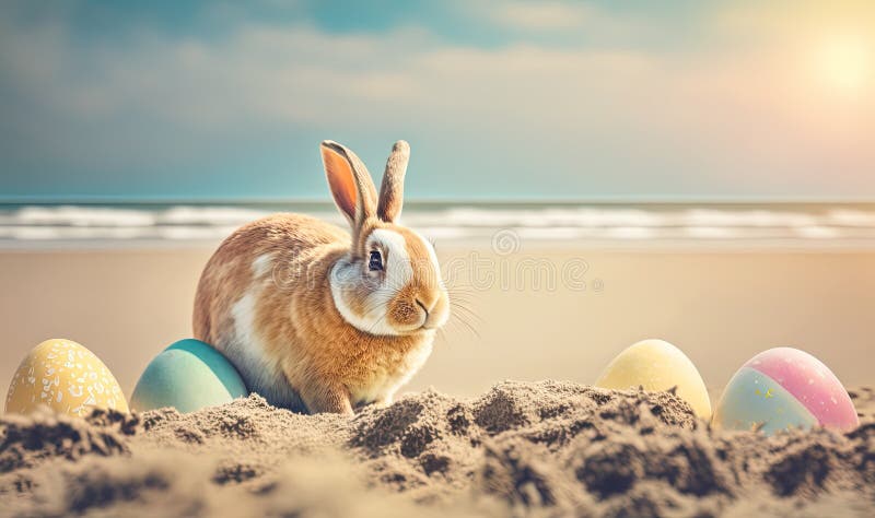 A Rabbit is Sitting in the Sand Near Some Eggs on the Beach with the ...