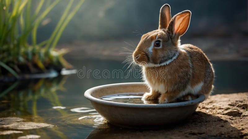 A Rabbit Sitting in a Shallow Dish of Water by a Serene Pond Stock ...