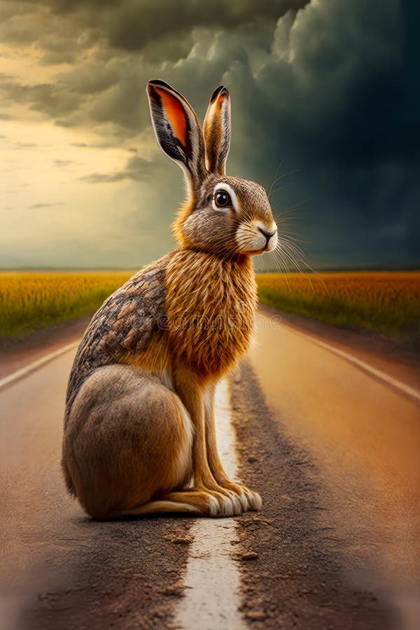 Rabbit Sitting on the Side of Road in the Middle of Field. Generative ...
