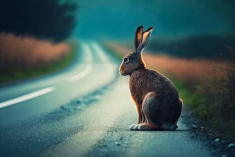 Rabbit Sitting on the Side of Road in the Middle of the Night ...