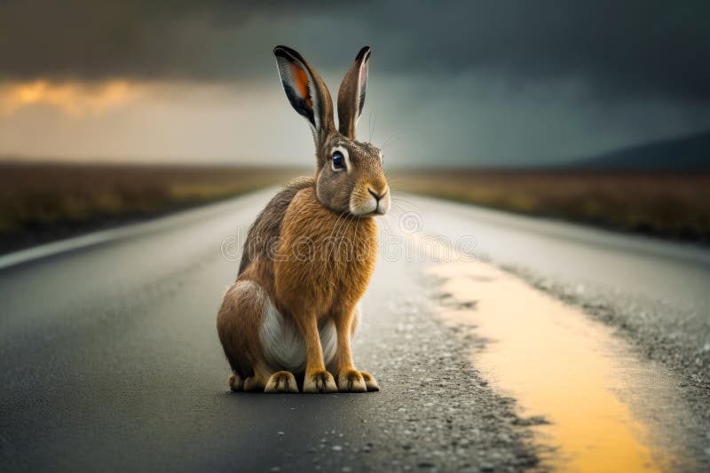 Rabbit Sitting on the Side of Road in the Middle of Nowhere. Generative ...