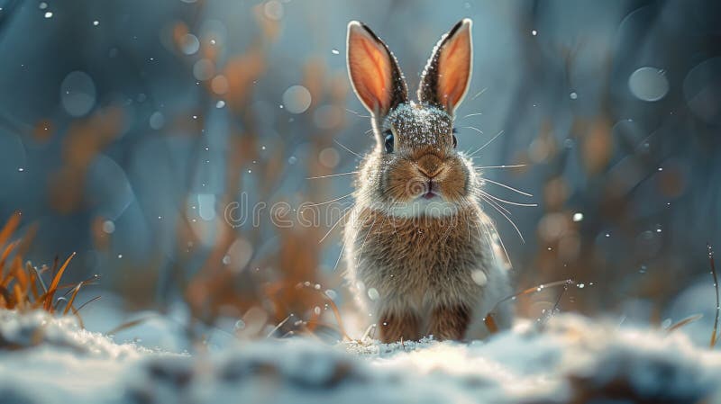 Rabbit Sitting in Snow with Eyes Closed Stock Photo - Image of sitting ...