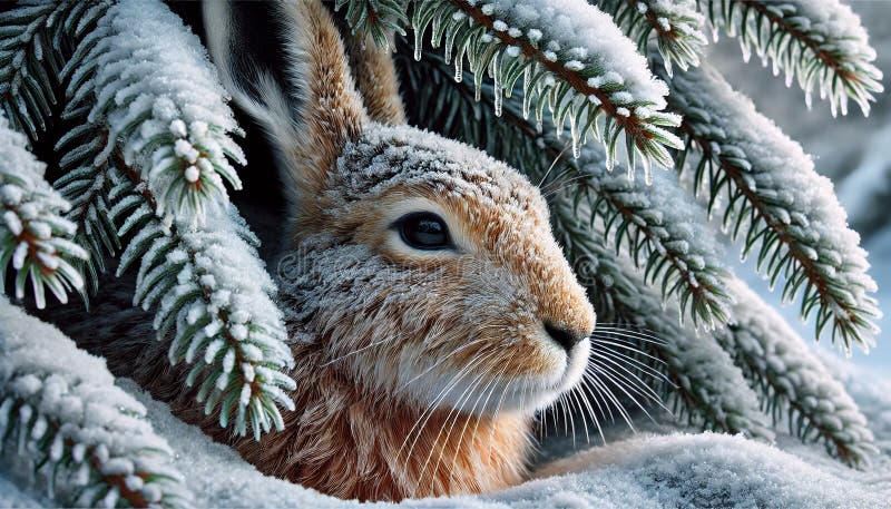 A Rabbit is Sitting in the Snow Under a Tree Stock Image - Image of ...