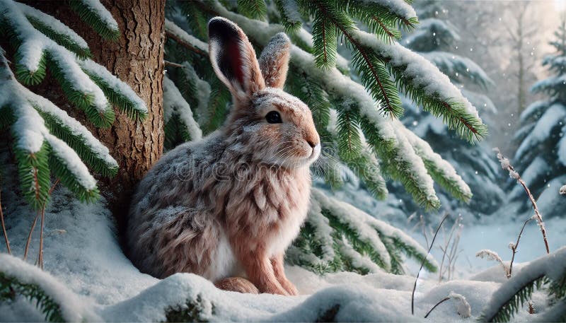 A Rabbit is Sitting in the Snow Under a Tree Stock Image - Image of ...