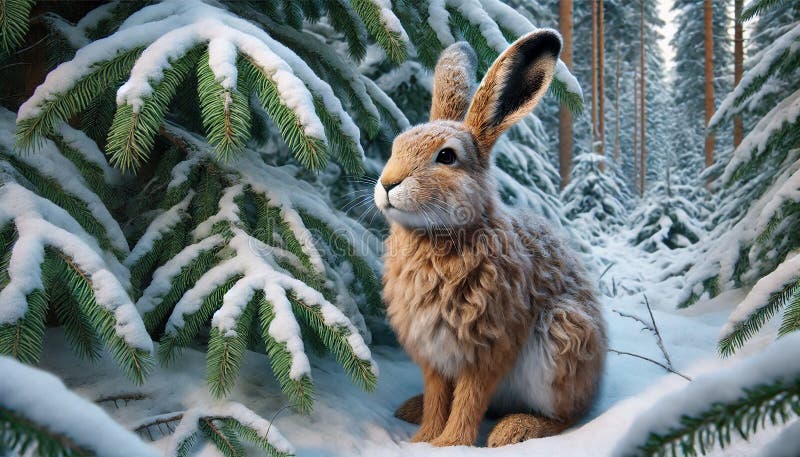 A Rabbit is Sitting in the Snow Under a Tree Stock Image - Image of ...