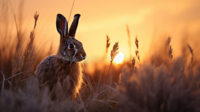 A Rabbit is Sitting in Tall Grass at Sunset, AI Stock Illustration ...