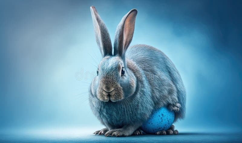 A Rabbit Sitting on Top of a Blue Ball on a Blue Background with a Blue ...