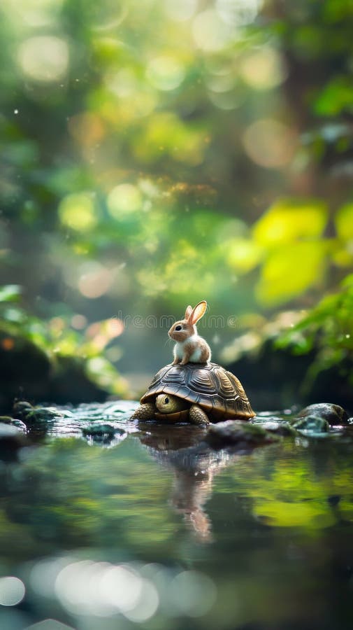 Rabbit Sitting on Turtle in Serene Forest Creek with Sunlight ...