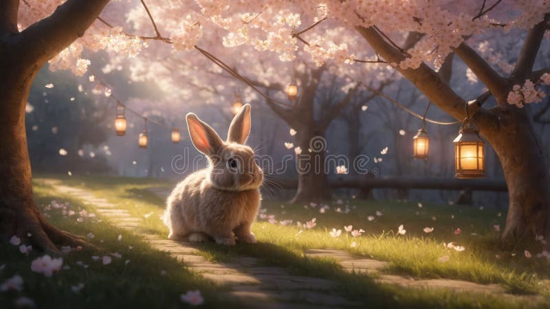 Adorable Bunny Rabbit in a Magical Cherry Blossom Garden Stock ...