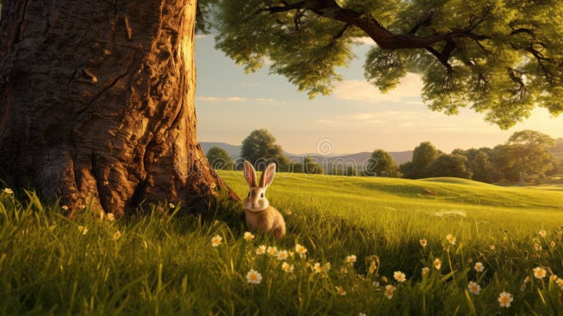 A Rabbit is Sitting Under a Tree in a Field, AI Stock Illustration ...