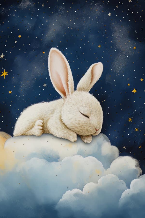 Rabbit Sleeping on a Cloud on a Starry Night Stock Image - Image of ...