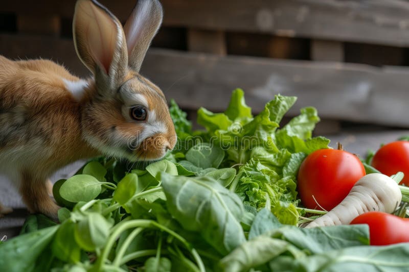 Rabbit Sniffing Around a Pile of Fresh Vegetables Stock Photo - Image ...