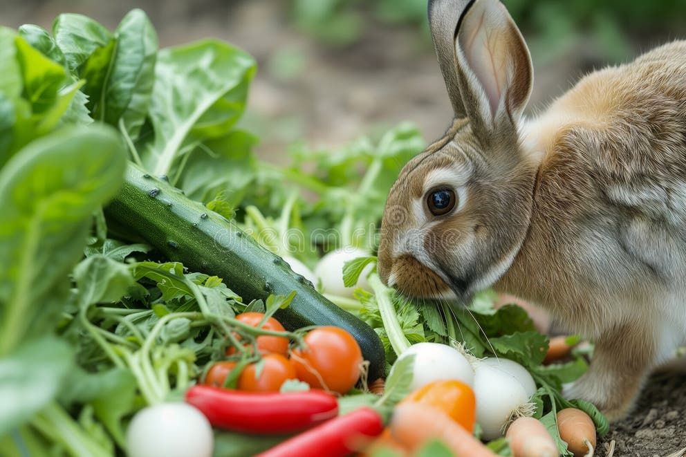 Rabbit Sniffing Around a Pile of Fresh Vegetables Stock Photo - Image ...