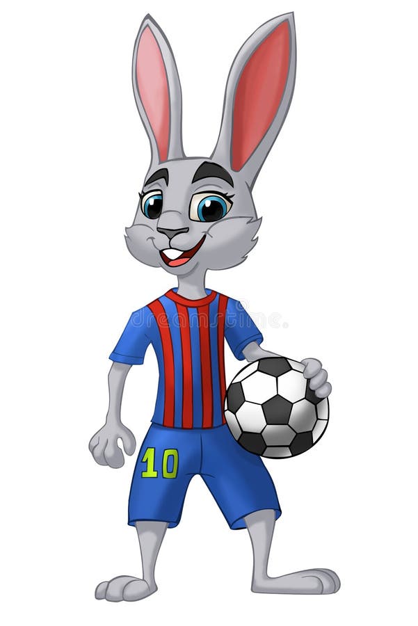 Rabbit Soccer Player with a Ball in Blue and Red Uniform Stock ...