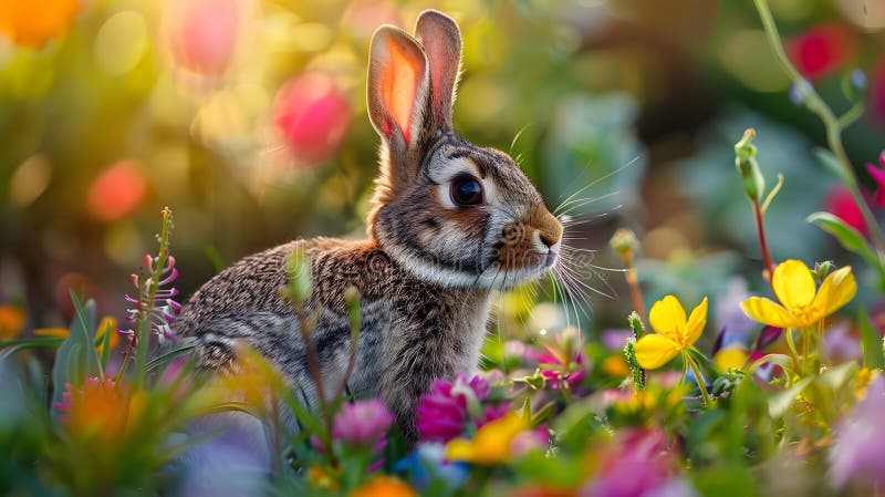 Rabbit in Spring Surrounded by Colorful Flowers Stock Illustration ...