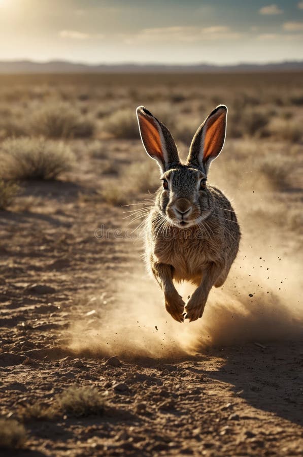 Desert Hare Running at Sunset, Dust and Golden Light Stock Illustration ...