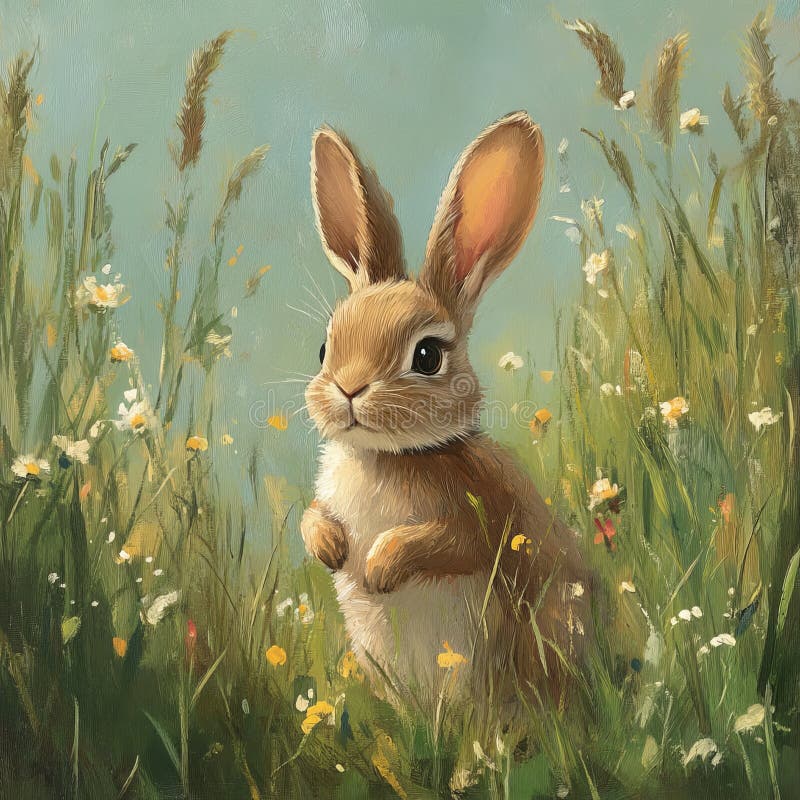A Rabbit is Standing in a Field of Flowers Stock Illustration ...