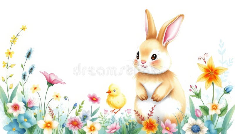 Rabbit is Standing in a Field of Flowers Next To a Yellow Bird Stock ...