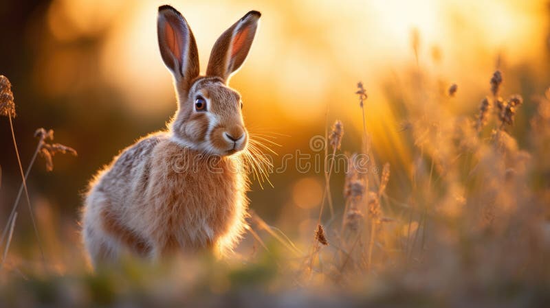 A Rabbit is Standing in a Field at Sunset, AI Stock Illustration ...