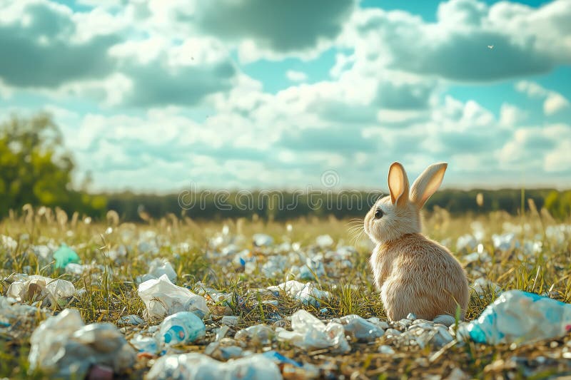 A Rabbit Standing in Forest with Plastic Bottles and Other Garbage ...