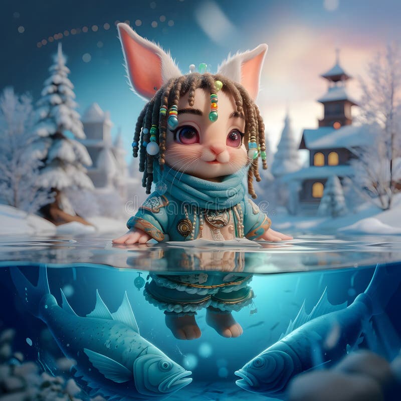A Rabbit is Standing on a Frozen Surface with a Fish Stock Illustration ...