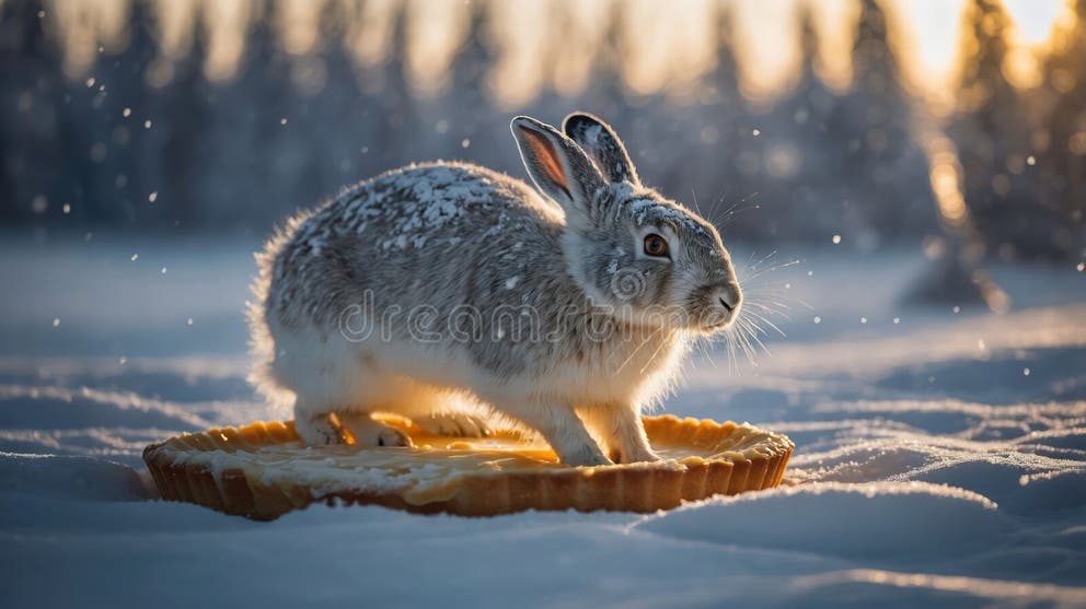 Adorable Snowshoe Hare on a Creamy Tart in Snowy Winter Landscape Stock ...