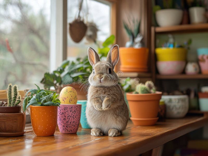 A Rabbit is Standing on a Table with Several Potted Plants Stock ...