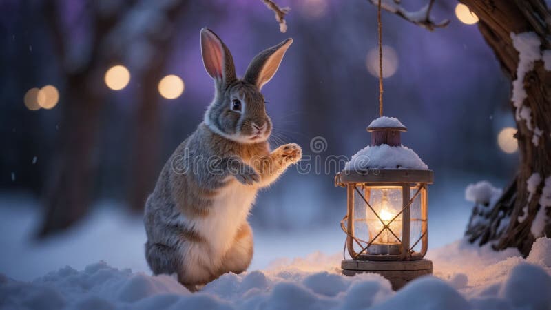Adorable Bunny Rabbit Near Glowing Lantern in Winter Wonderland Stock ...