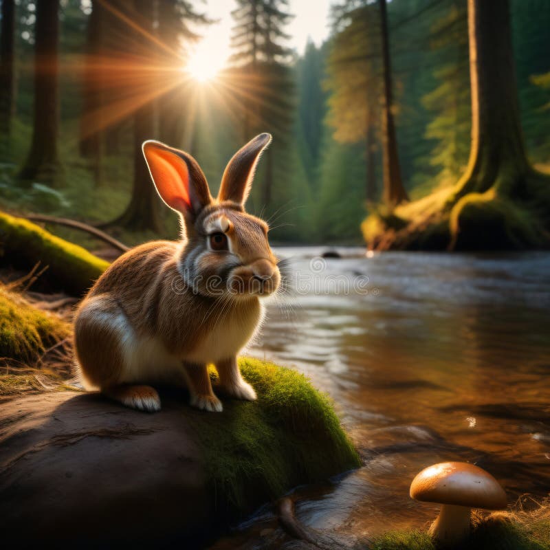 A Rabbit Stands on a Rock by the Stream Stock Illustration ...