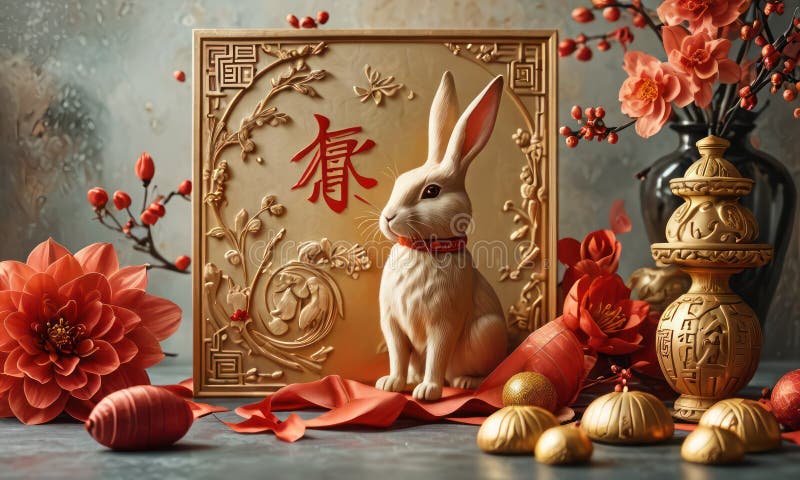 A Rabbit Statue is Sitting in Front of a Chinese Rabbit Picture ...