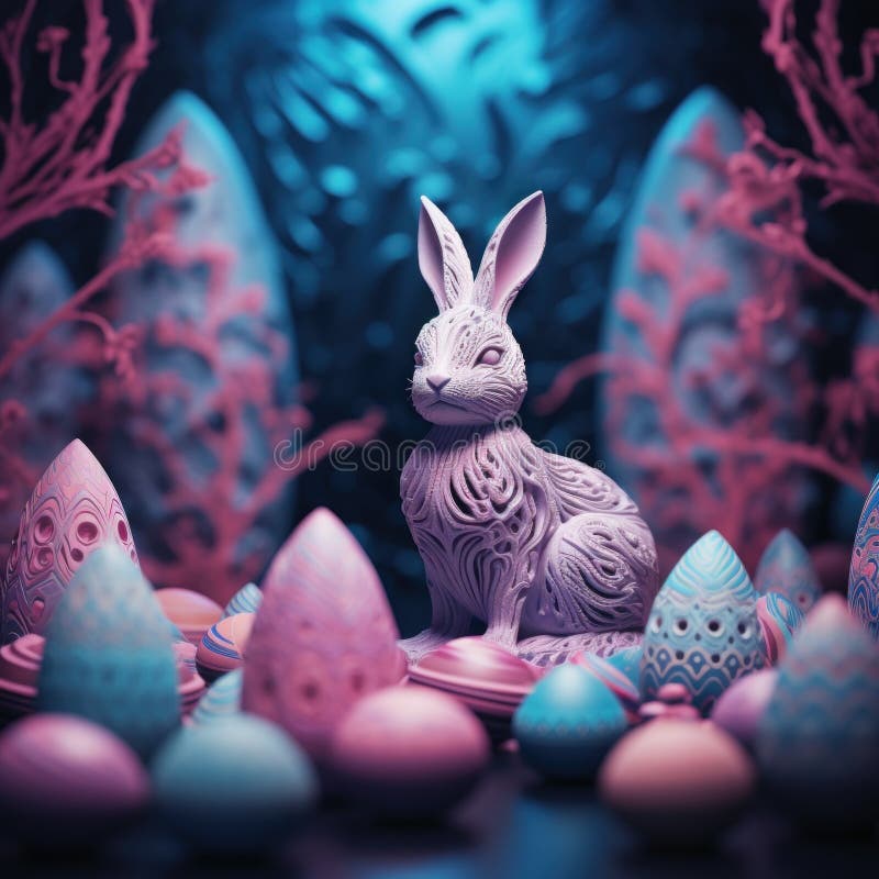 A Rabbit Statue Surrounded by Colorful Eggs, AI Stock Illustration ...