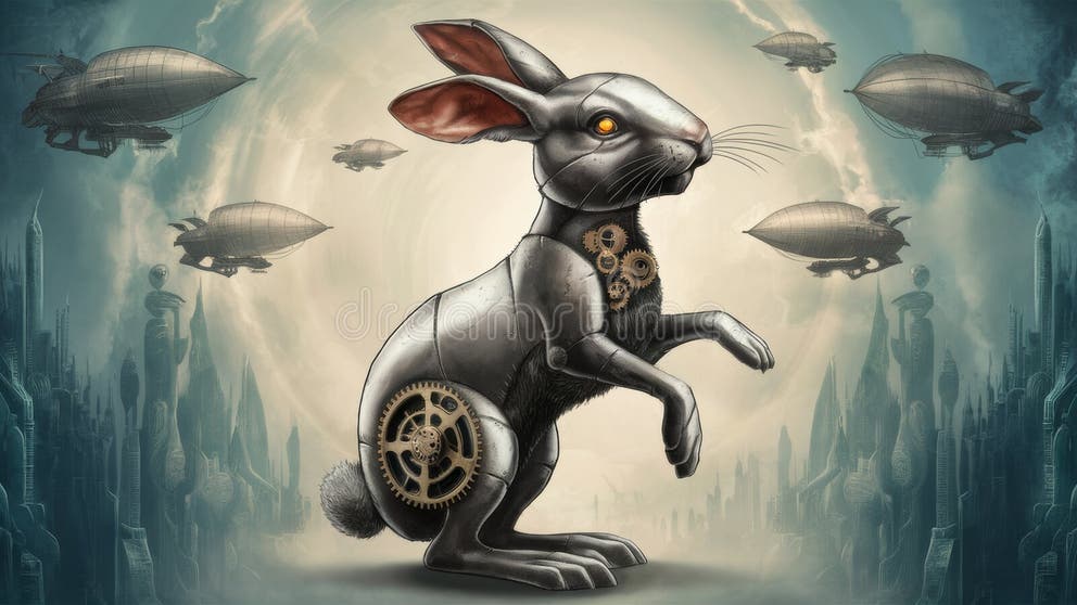 A Rabbit with a Steampunk Design on Its Back and Flying Machines, AI ...