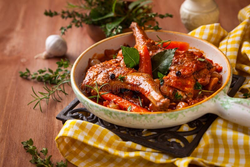 Rabbit Stew Maltese Style or Stuffat Tal-Fenek Closeup in the Pan ...