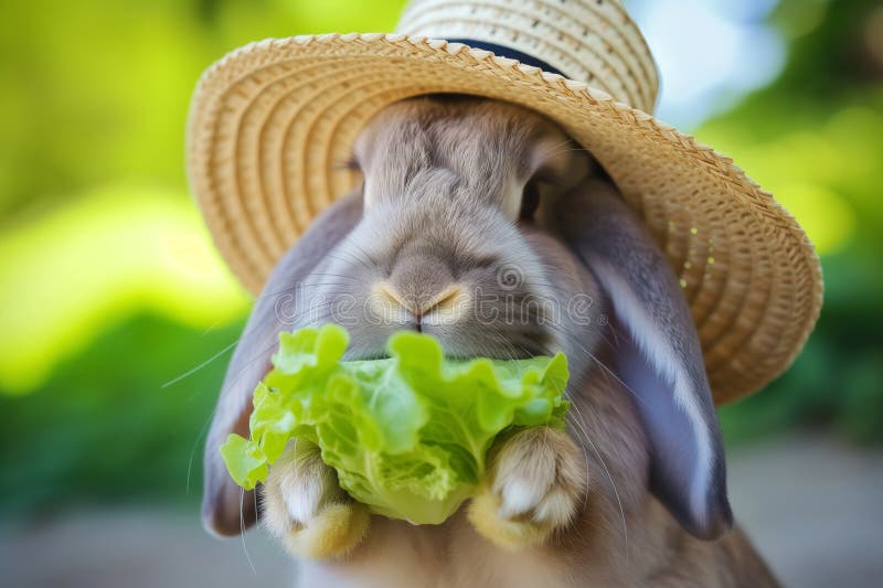 Rabbit in a Straw Hat Nibbling Lettuce Stock Image - Image of generated ...