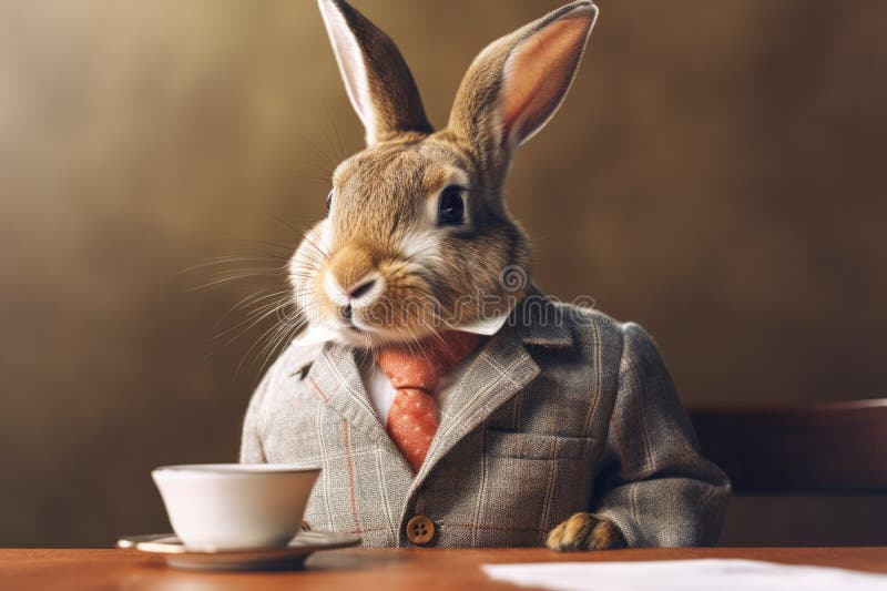 A Rabbit in a Suit is Sitting at a Table with a Cup of Coffee ...