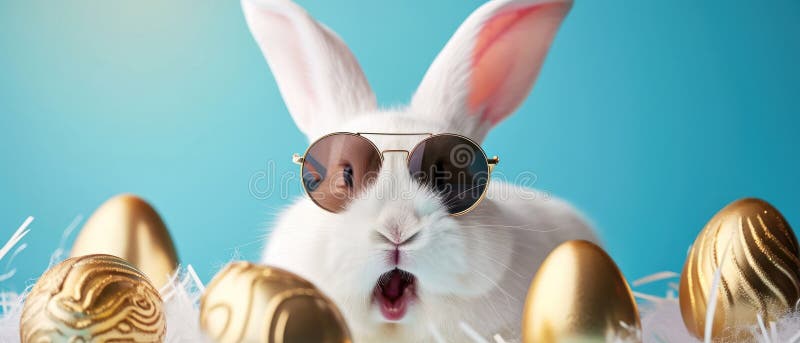 A Rabbit with Sunglasses Poses with Golden Painted Easter Eggs, Ai ...