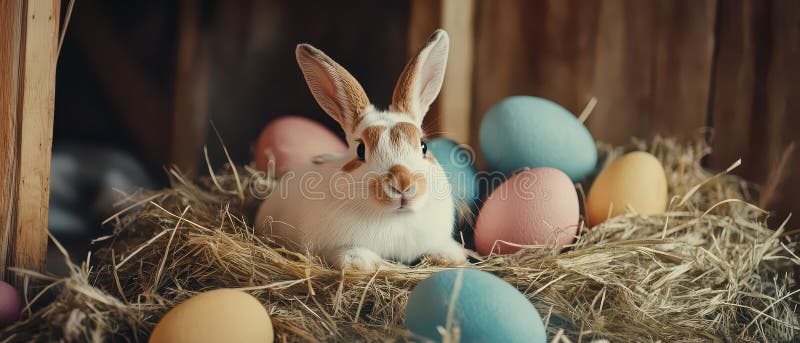 Rabbit Surrounded by Colorful Eggs in a Nest Stock Photo - Image of ...
