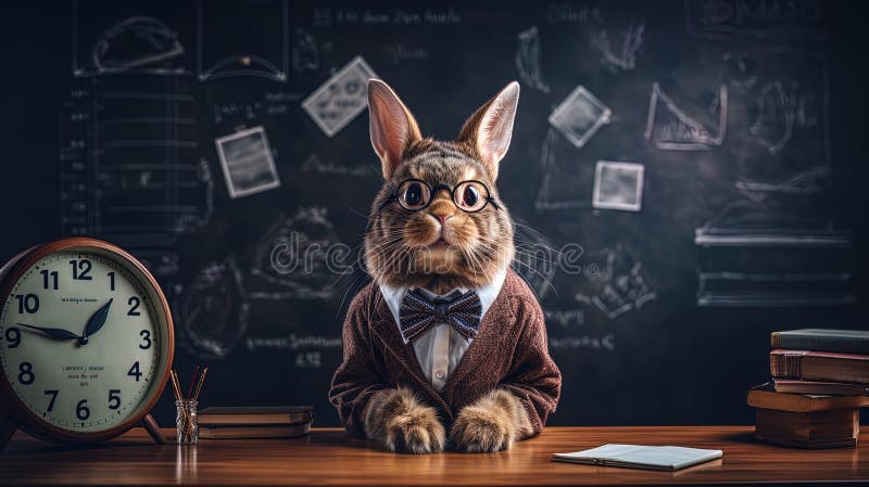 Rabbit Teacher Standing in Front of a Blackboard with Chalk Stock ...