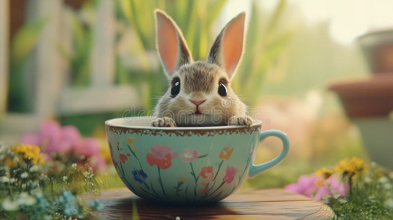 Rabbit in Teacup with Floral Design, Fluffy Bunny in Garden Teacup ...