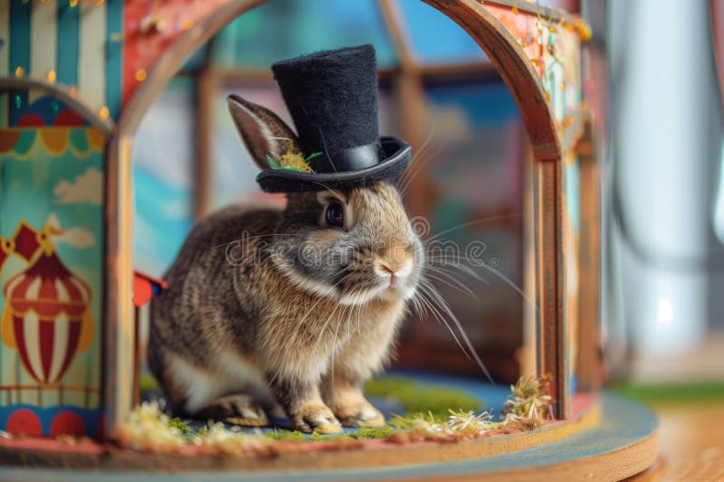 Rabbit with a Top Hat Sitting Inside a Miniature Circus Ring Stock ...