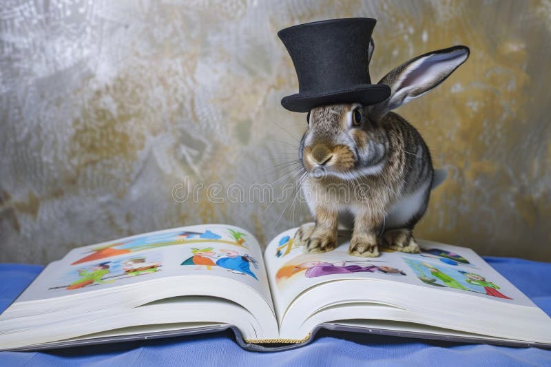 Rabbit with a Top Hat Standing on an Open Book with Colorful ...