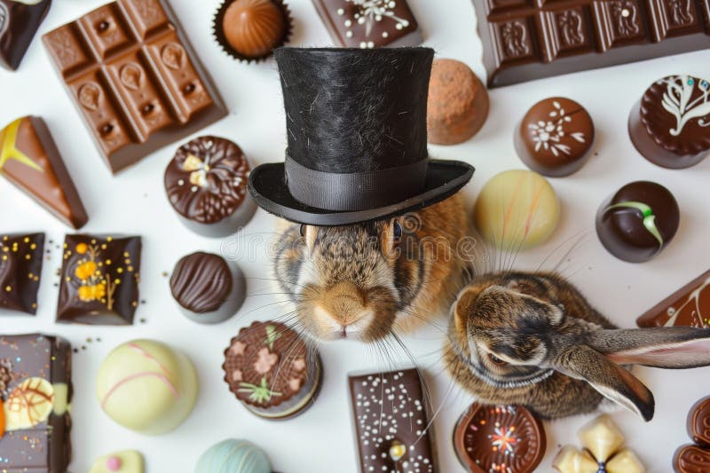 Rabbit with a Top Hat on Surrounded by an Assortment of Fancy ...