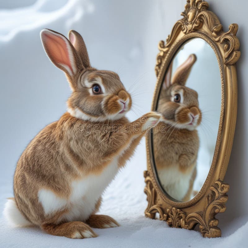 The Rabbit Touches His Reflection in the Mirror. Stock Image - Image of ...