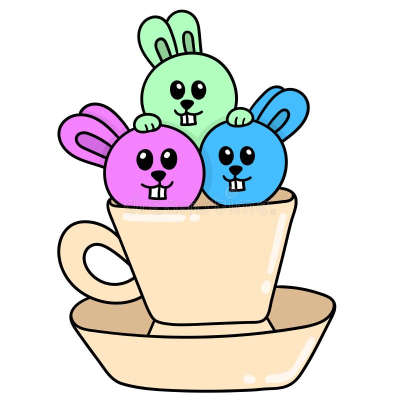 Rabbit Triplets in a Drinking Cup, Doodle Icon Image Kawaii Stock ...