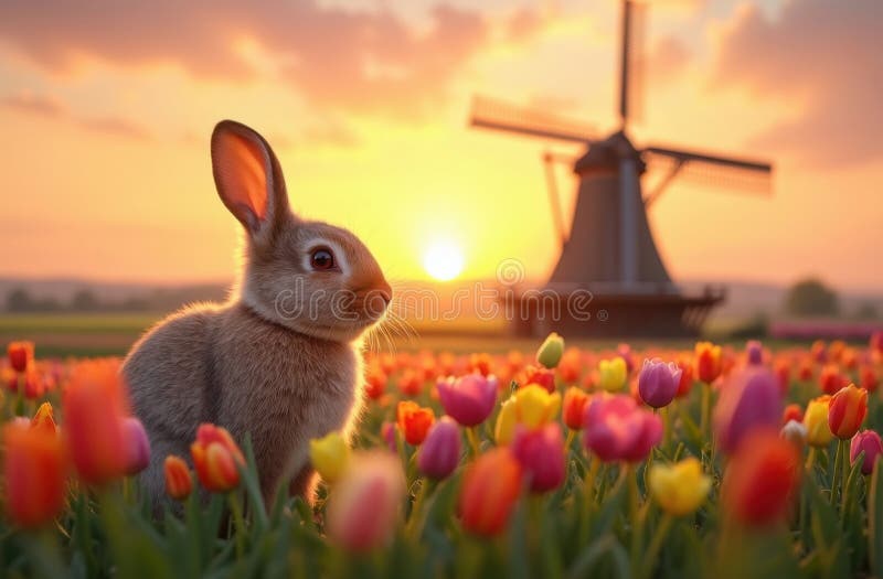 A Rabbit in a Tulipfield with Windmill at 30-12-2024 Stock Illustration ...