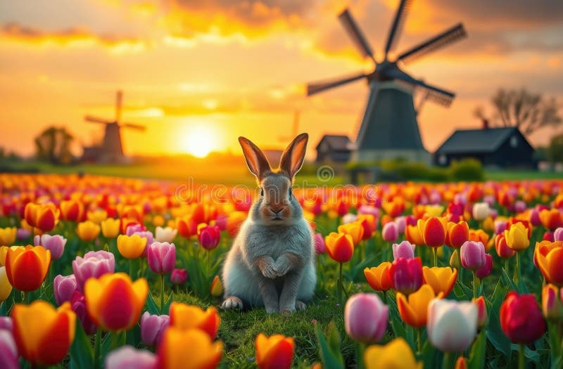 A Rabbit in a Tulipfield with Windmill at 30-12-2024 Stock Illustration ...