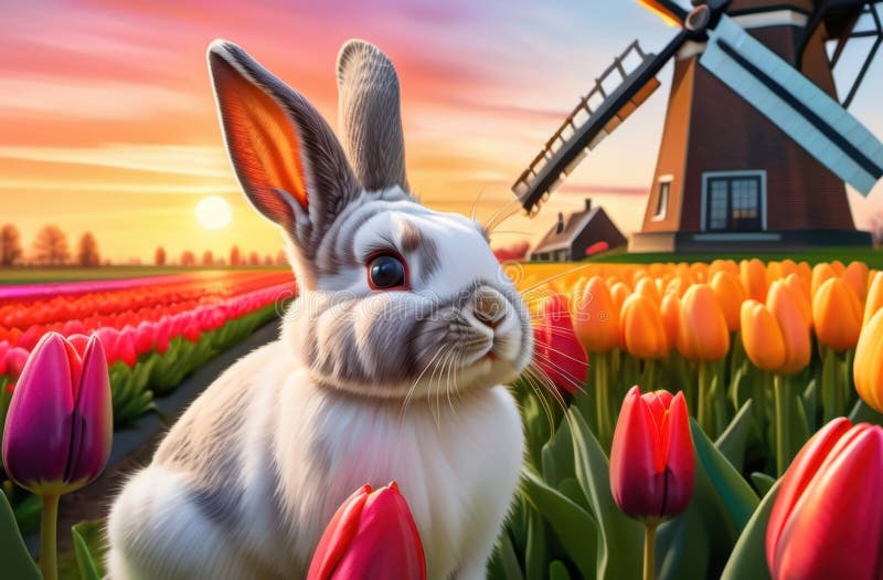 A Rabbit in a Tulipfield with Windmill at 30-12-2024 Stock Illustration ...
